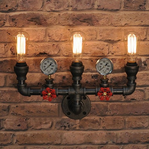 Vintage Wall Sconce Water Pipe Steampunk Wall Light 3-Head Indoor Wall ...