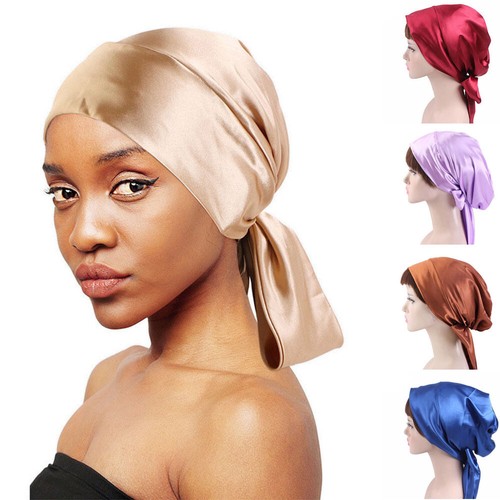 Women Silk Satin Cap Night Sleep Cap Hair Bonnet Hat Head Cover Turban ...