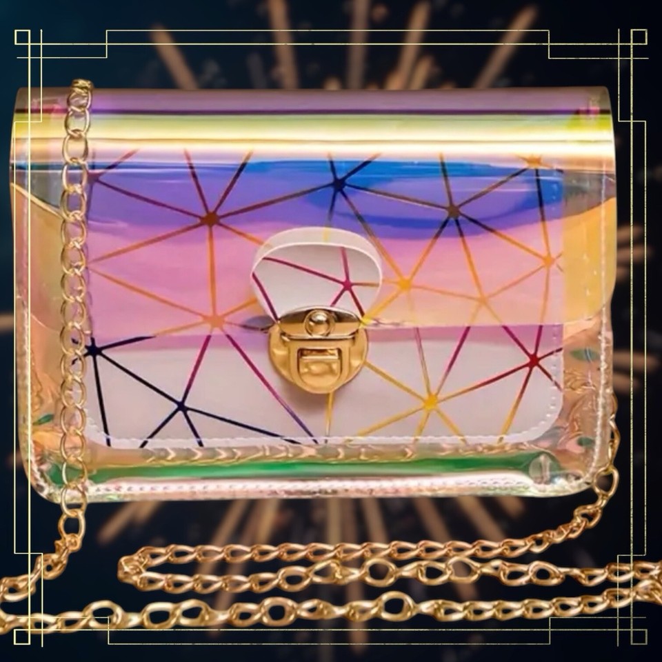 White Transparent Hologram Crossbody Bag With Gold Chain Concert Purse ...