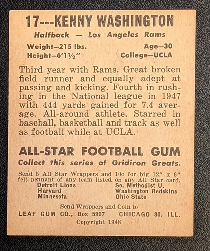 1948 Leaf #17 KENNY WASHINGTON Rookie RC -- Los Angeles Rams -- EXMT ...