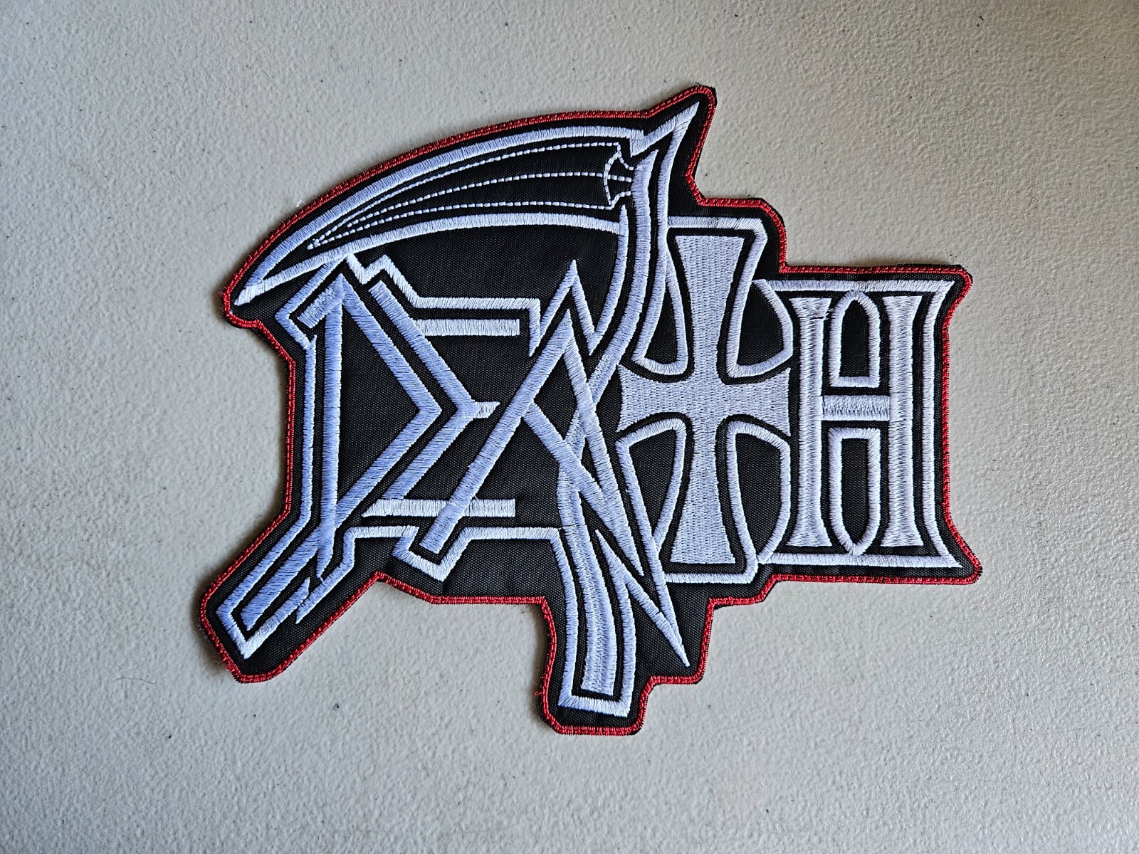 DEATH, SEW ON WHITE WITH RED BORDER EMBROIDERED LARGE BACK PATCH | eBay