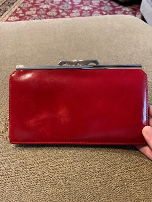 ABAS RED LEATHER FULL SILVER TONE FRAME WOMENS CLUTCH ORGANIZER WALLET ...