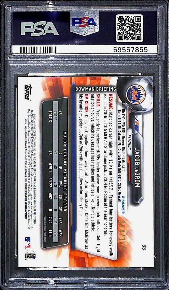 2017 Bowman Chrome Blue Refractor #33 Jacob deGrom No 14 of 150 PSA 10 ...