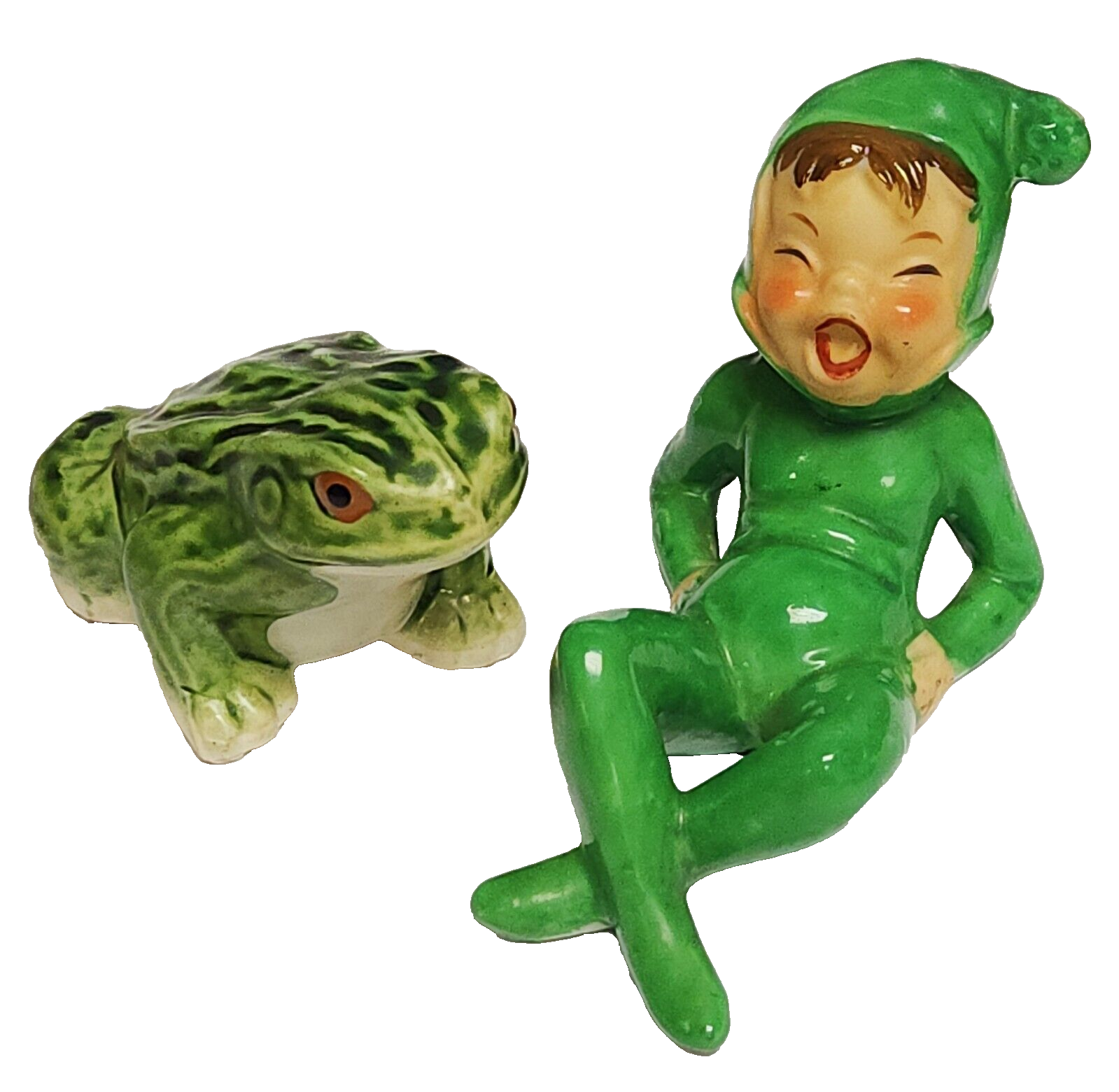 Vintage 1950's Green Ceramic Impish Pixie Elf & Frog Figurines Japan 2 ...