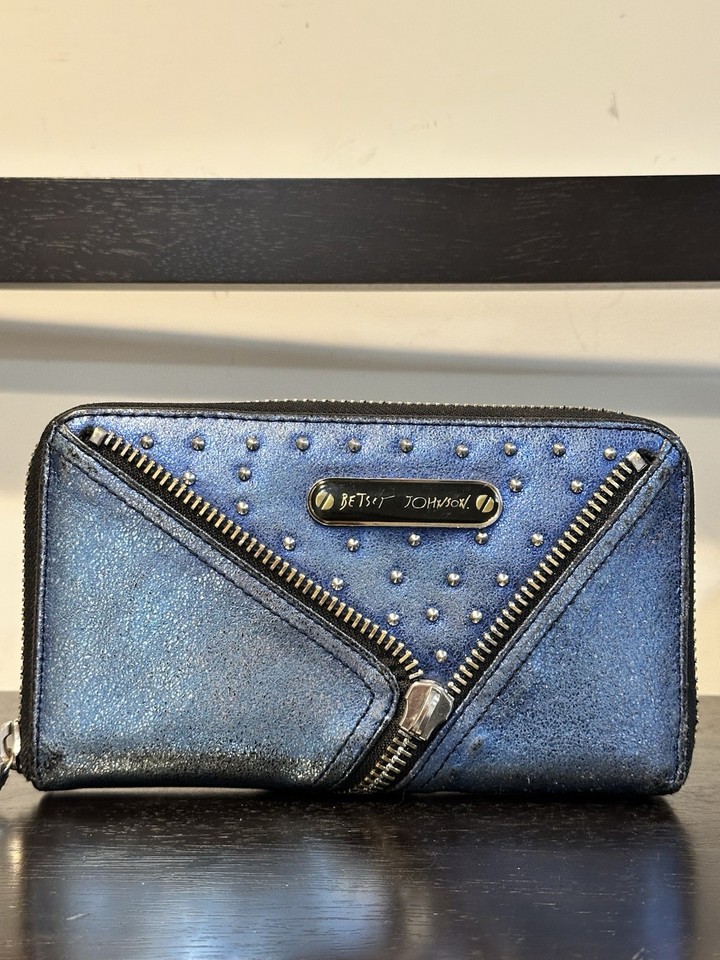 Betsey Johnson Blue Zip-Around Moto Wallet Studded Metallic Envelope ...