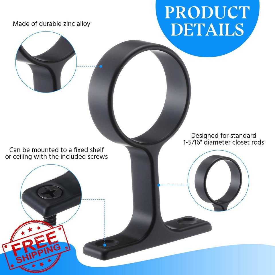 LEIFIDE 1 5/16" Rod Mount Bracket Black Closet Rod Center Support 4pcs ...