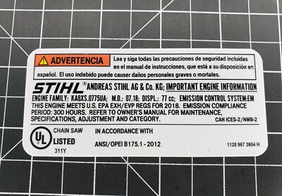 Stihl MS461 Chainsaw Emissions Label Stihl Label # 1128 967 3604 ...