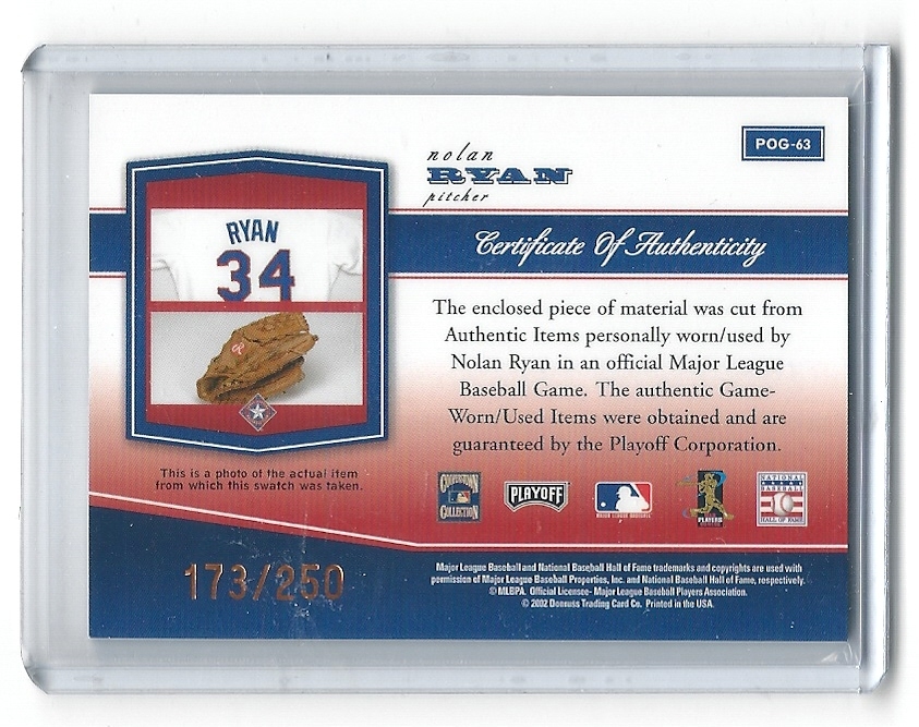 2002 Playoff Piece of the Game * Nolan Ryan * #POG-63 * S/N 173/250 ...