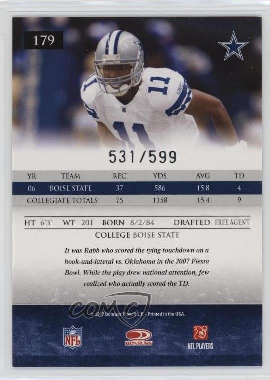 2007 Donruss Gridiron Gear Rookie 531/599 Jerard Rabb #179 Rookie RC ...