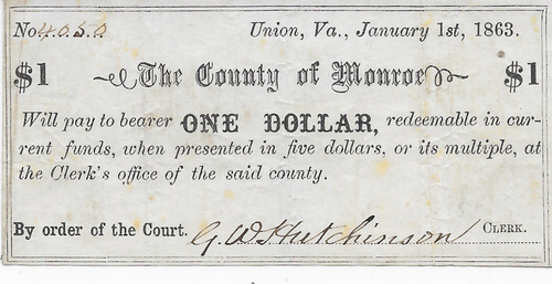 1863 Monroe County Union ,Virginia $1 Obsolete Note SIGNED Civil War ...