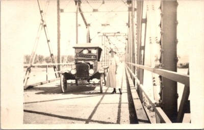 RPPC Postcard Car and Woman on Cheyenne River Bridge South Dakota ...
