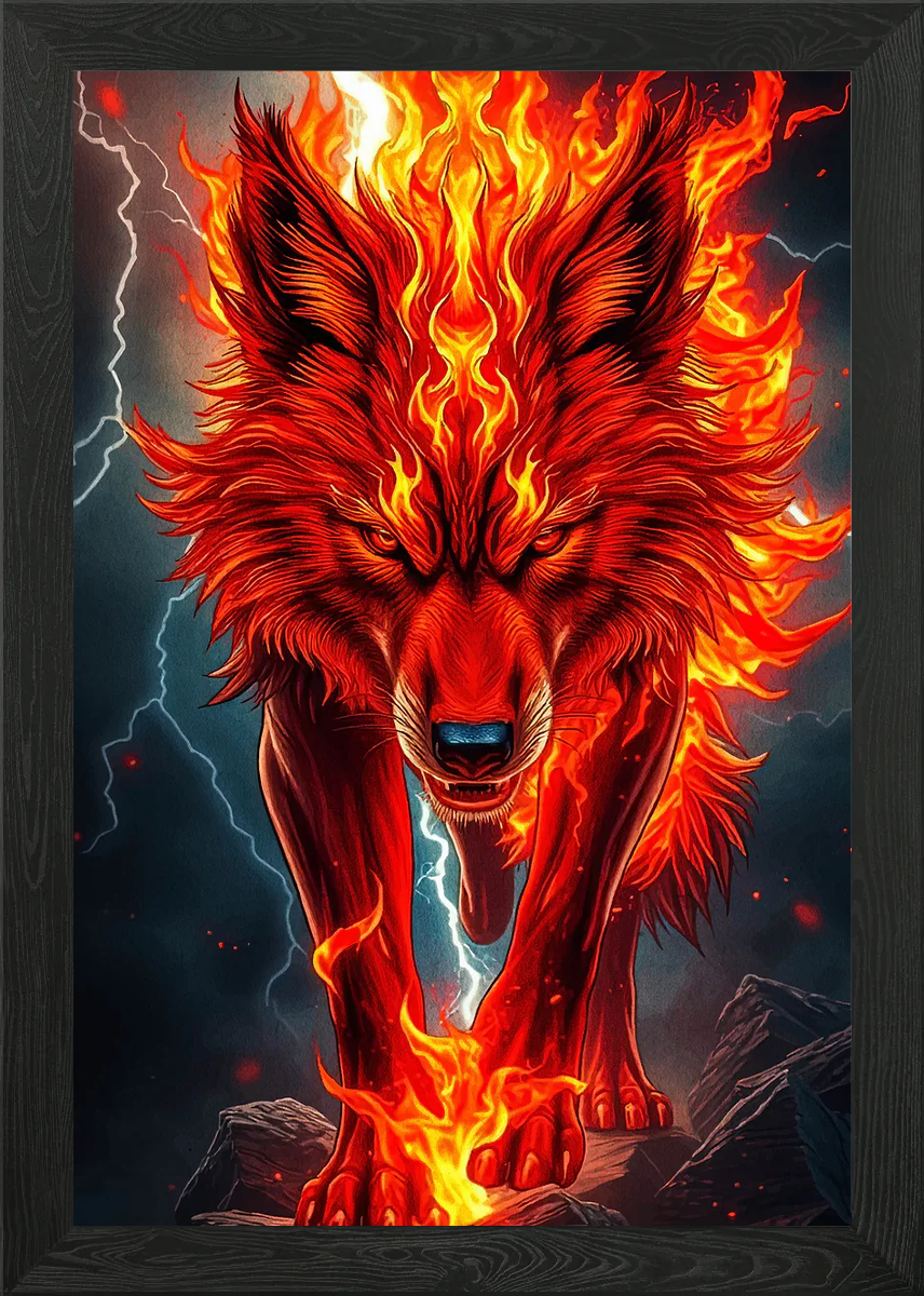 Fiery Wolf with Lightning Backgroun Framed Wall Art Poster Canvas Print ...
