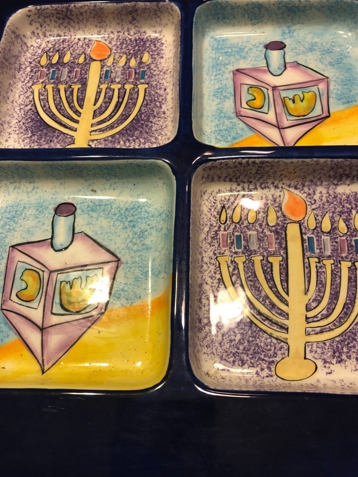 12 x 12" CHANUKAH PLATE WITH MENORAHS AND DREIDELS, BEAUTIFUL!! L@@K ...