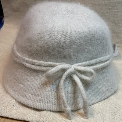 Y2K White Angora Rabbit Hair Wool Blend Bucket Hat With Bow One Size ...