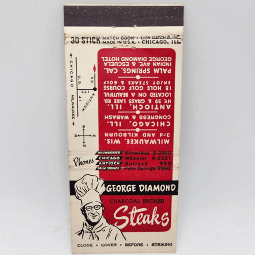 Vintage Matchcover George Diamond Charcoal Broiled Steaks Milwaukee ...