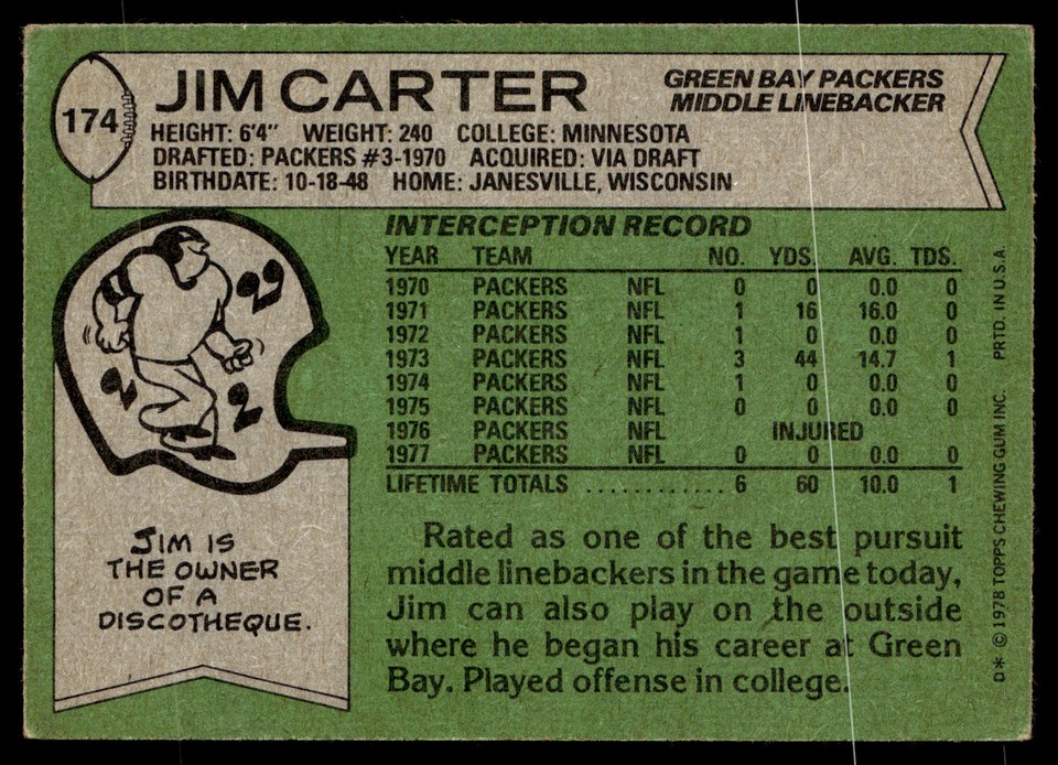 1978 Topps Set Break Jim Carter #174 Green Bay Packers | eBay