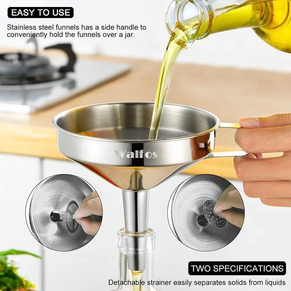 Stainless Steel Funnel, 3 Pack Kitchen Funnel with 2 Removable Strainer ...