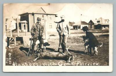 Hunters w Buck Deer FAIRVIEW OK Antique Hunting RPPC Photo Dogs Major ...