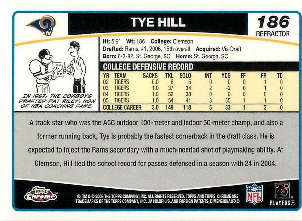 TYE HILL 2006 Topps Chrome ROOKIE REFRACTOR RC #186 Rams | eBay
