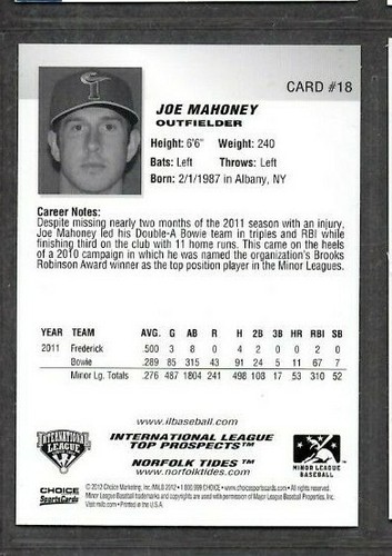 2012 Choice #18 Joe Mahoney Norfolk Tides Baseball Signed Autograph ...