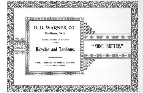 1896 D.D. Warner Co MADISON WI Bicycles & Tandems None Better Bicycle ...