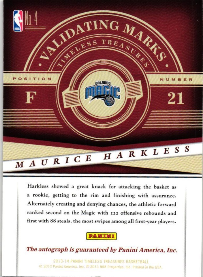 2013 Panini Timeless Treasures 4 Maurice Harkless Orlando Magic | eBay