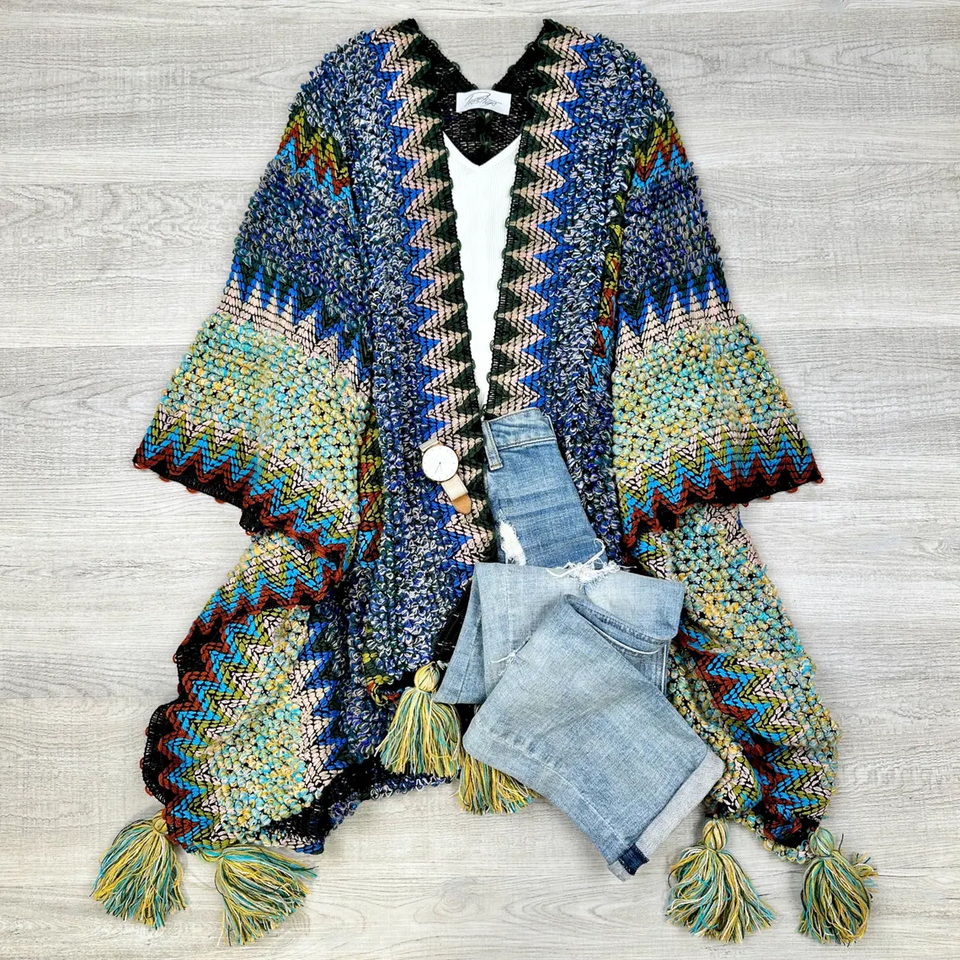 Boho Gypsy Crochet Knit Tassel Ruana Wrap Shawl Cardigan Poncho Sweater ...