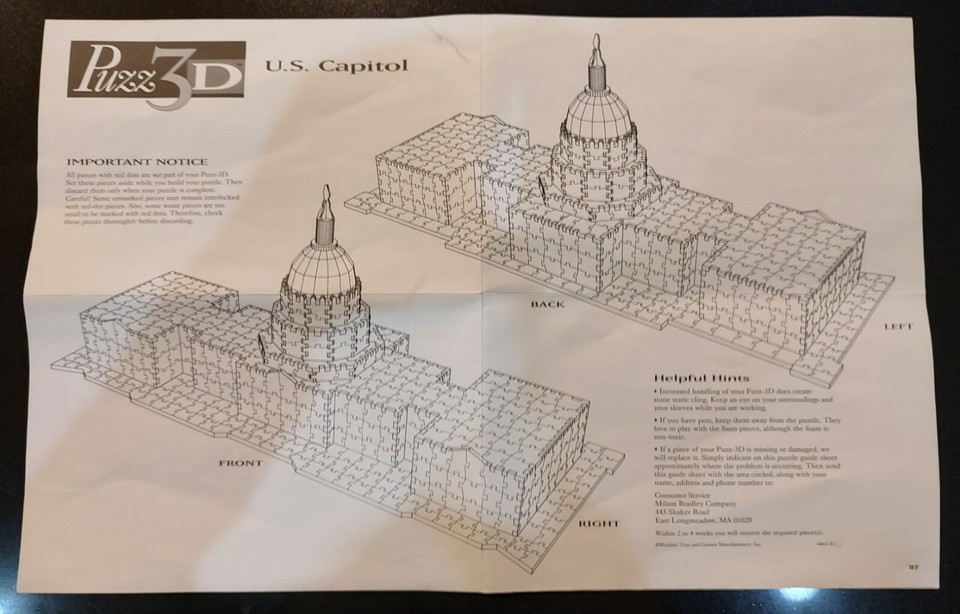 US Capitol Building 3D Puzzle by Milton Bradley 718pc Item #4463 ...