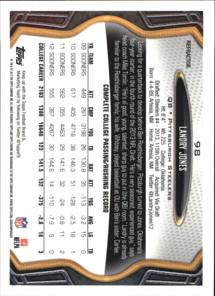 2013 Topps Chrome Refractors Pittsburgh Steelers Football Card #98 ...