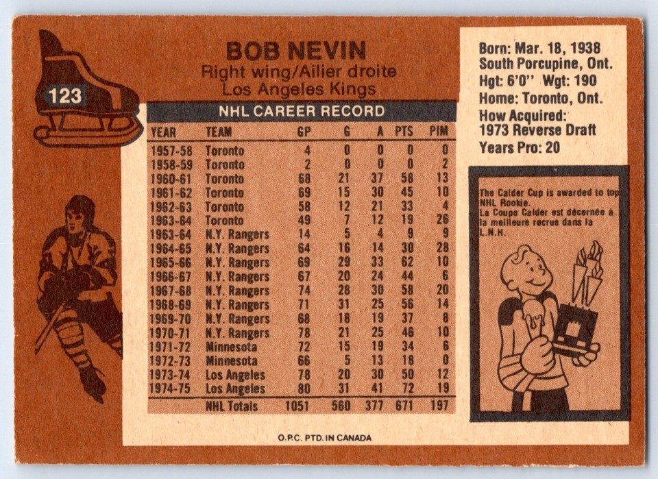 BOB NEVIN 1975-76 O-PEE-CHEE 75-76 NO 123 EX+ 52923 | eBay