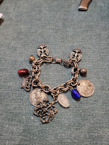 Vintage CORO Faux Coin Heraldic Charms Silver Plated Bracelet Costume ...