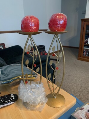 2 Piece Metal Holder Candle Holder Set Red Round Candle W Leaves & Red ...