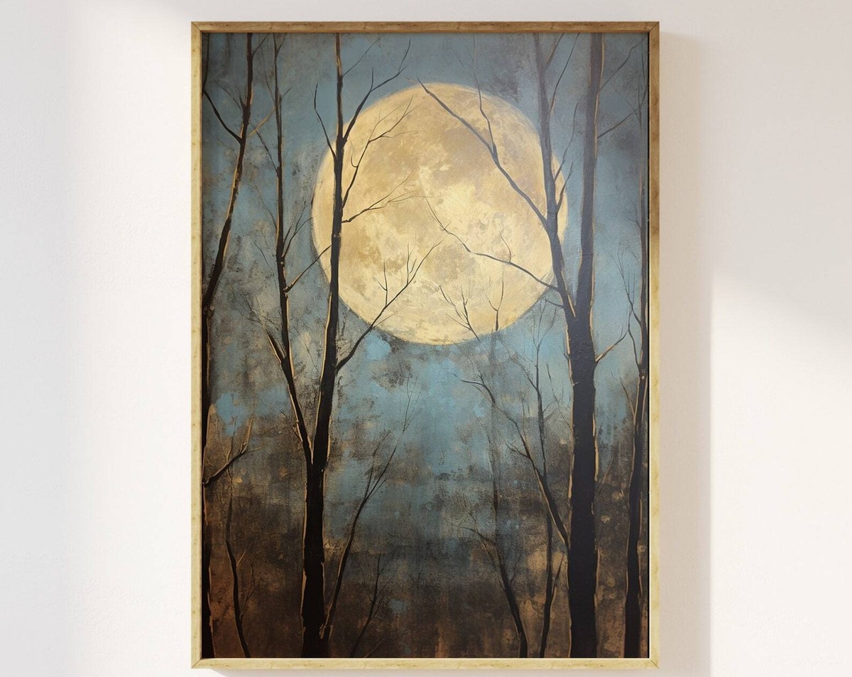 Antique Illustration Of Full Moon And Trees Vintage Forest Mountain