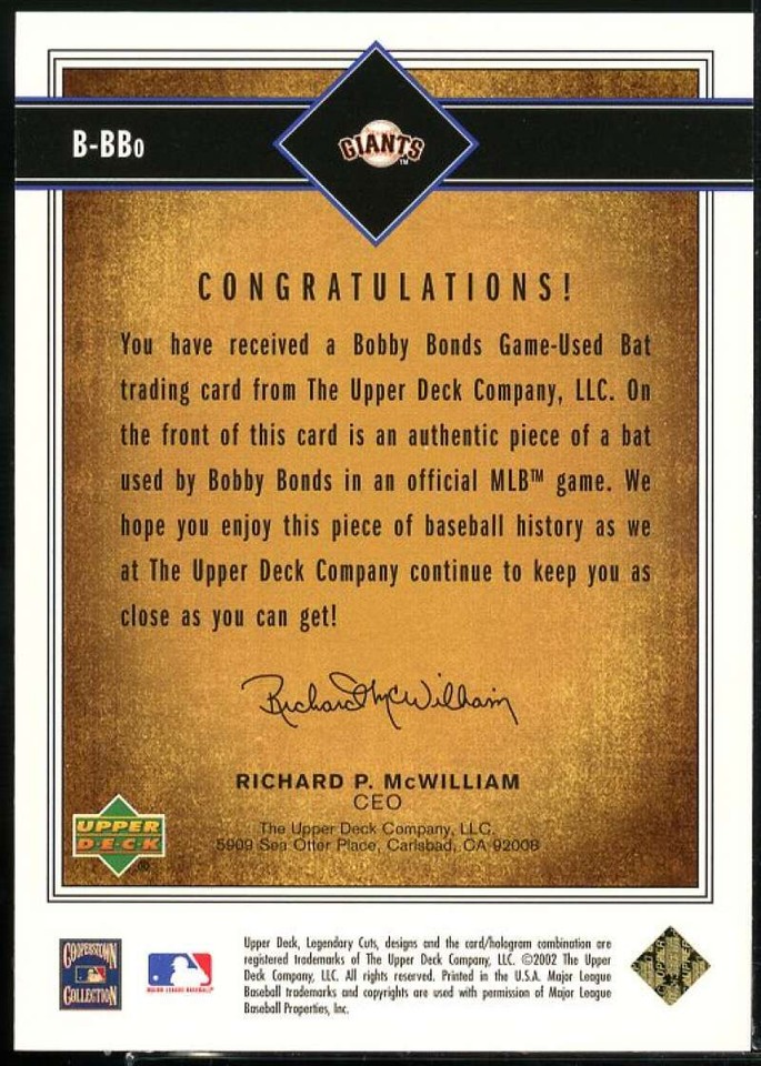 Bobby Bonds Card 2002 SP Legendary Cuts Game Bat #BBBO | eBay