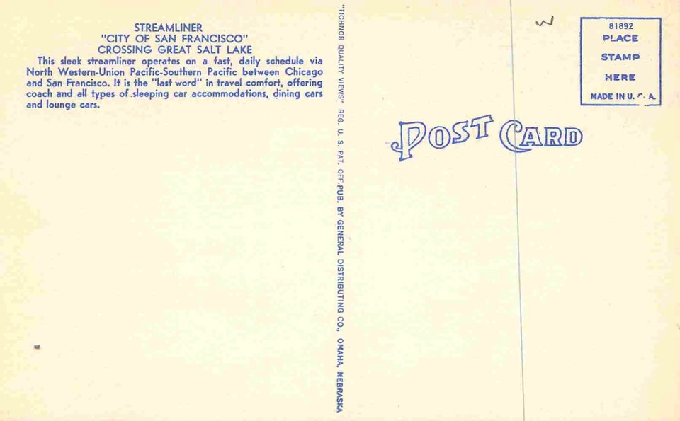 Union Pacific City Francisco Streamliner Railroad Train Salt Lake linen ...