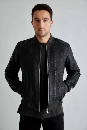 NEW Men's Bomber Black Embossed Python Skin Leather Jacket NWT | eBay