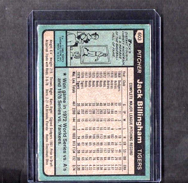 1980 TOPPS VINTAGE CARD SIGNED IP AUTO JACK BILLINGHAM DETROIT TIGERS ...
