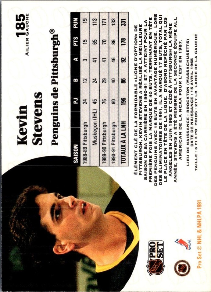 1991 Pro Set Kevin Stevens #185 Pittsburgh Penguins Hockey Card | eBay