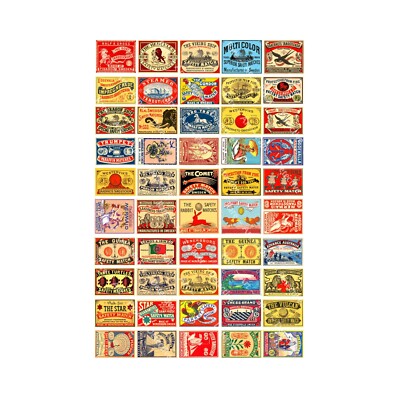 Safety Match Box Label Stickers, 2 REPRODUCTION Sheets, 50 Unique ...