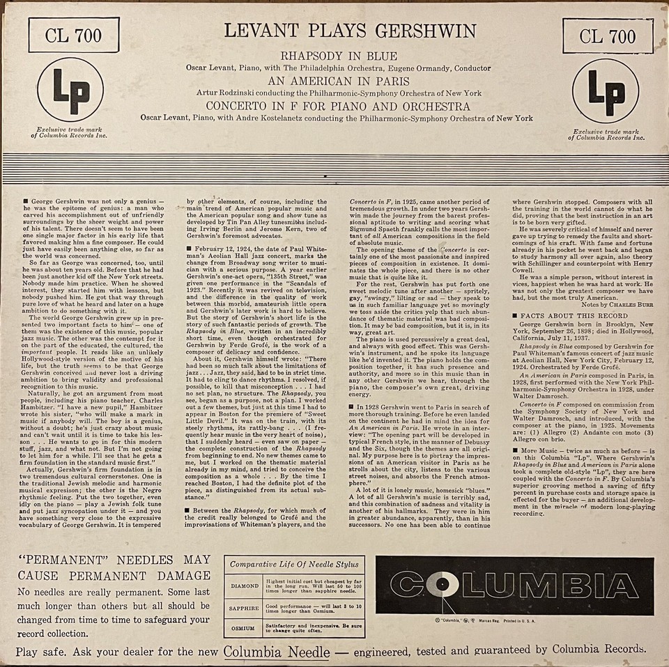 Levant Plays Gershwin Rhapsody in Blue Columbia Mono Vinyl LP CL 700 | eBay