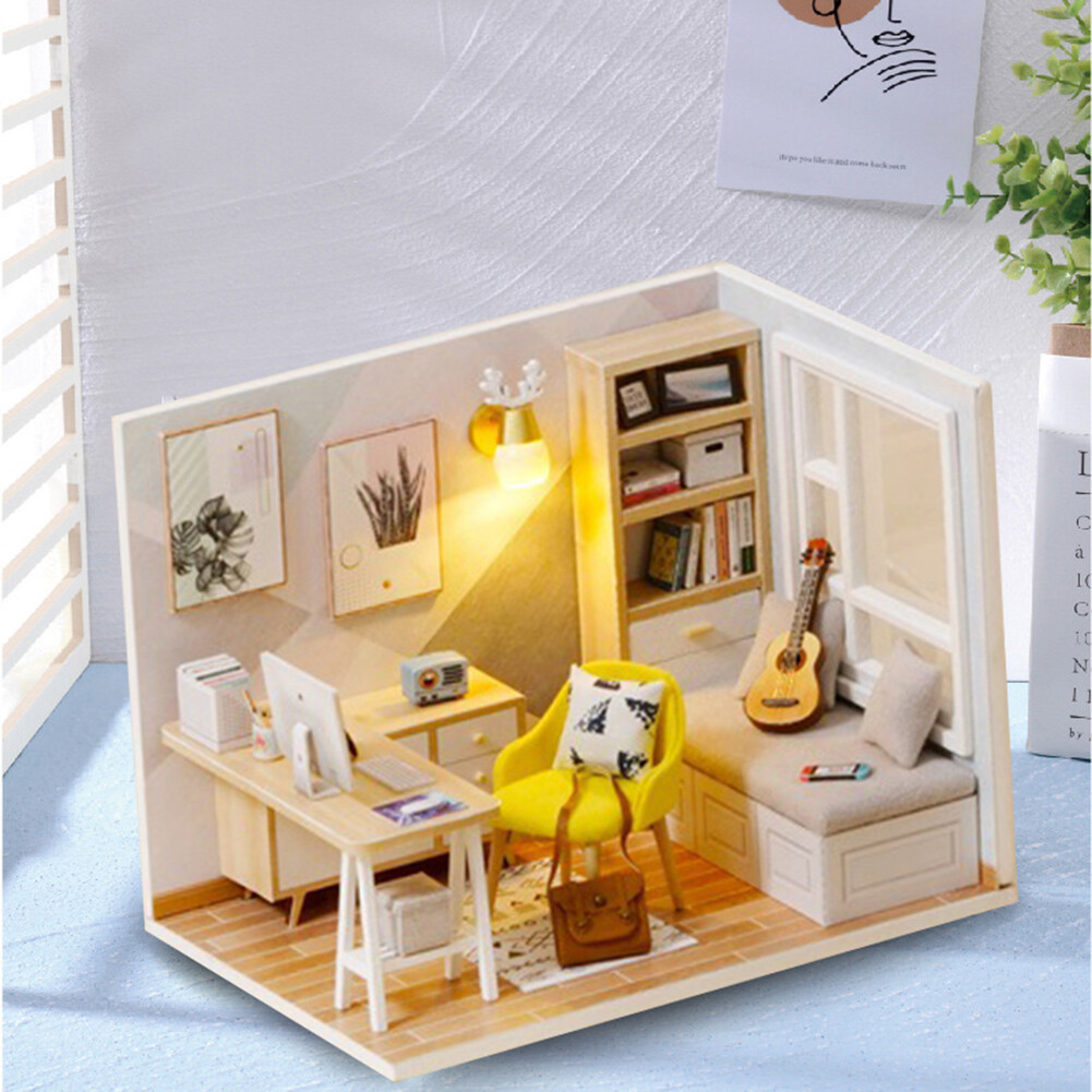 Handmade Model Study Room Wooden Doll House Furniture DIY Kids Presents ...