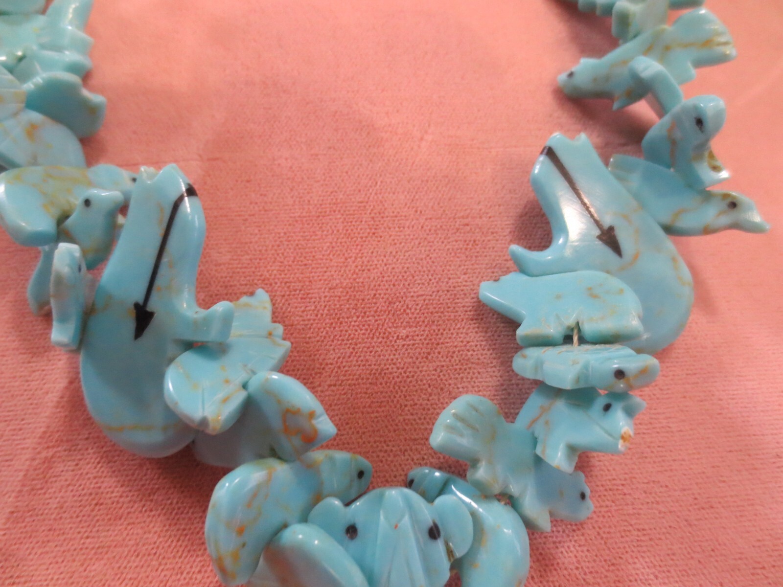 Vtg Carved Faux Turquoise Animal Fetish Necklace 31" Zuni Squaw wrapped ...