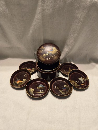 Vintage Aizu Lacquer Ware Dark Cherry Color Hand Painted Coaster Set of ...