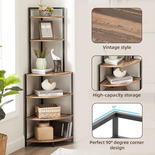 6-Tier Corner Shelf, 69 Inch Industrial Bookshelf, Multipurpose Storage ...