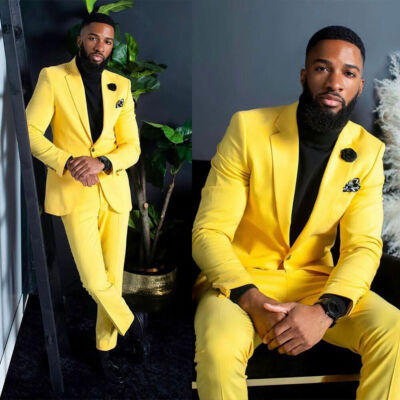 Yellow Men Suits 2 Pieces Slim Fit Peak Lapel Wedding Groom Prom ...