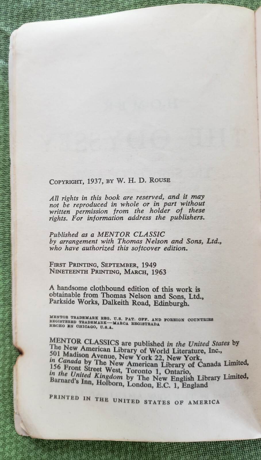 Rare Collectible Paperback "Homer The Odyssey" Translated by W.H.D ...