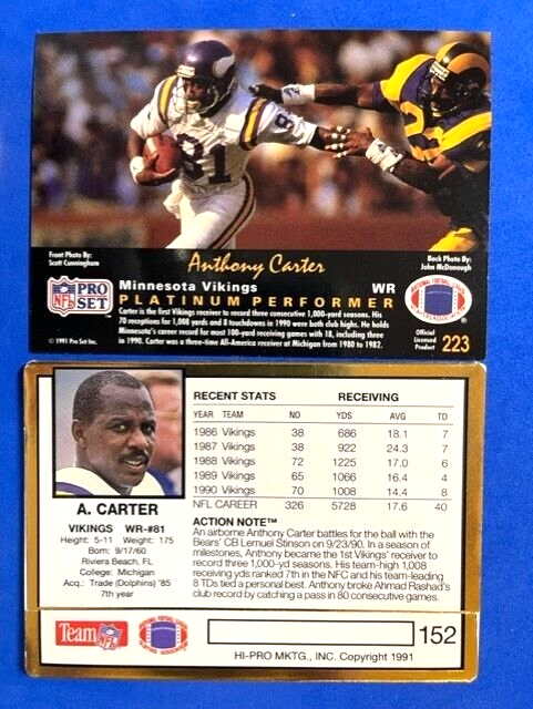 NFL - Anthony Carte 1991 Pro Set Platinum & 1991 Hi-Pro Action Packed ...