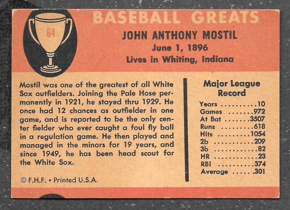 1961 Fleer Baseball Greats #64 Johnny Mostil - VG-EX | eBay