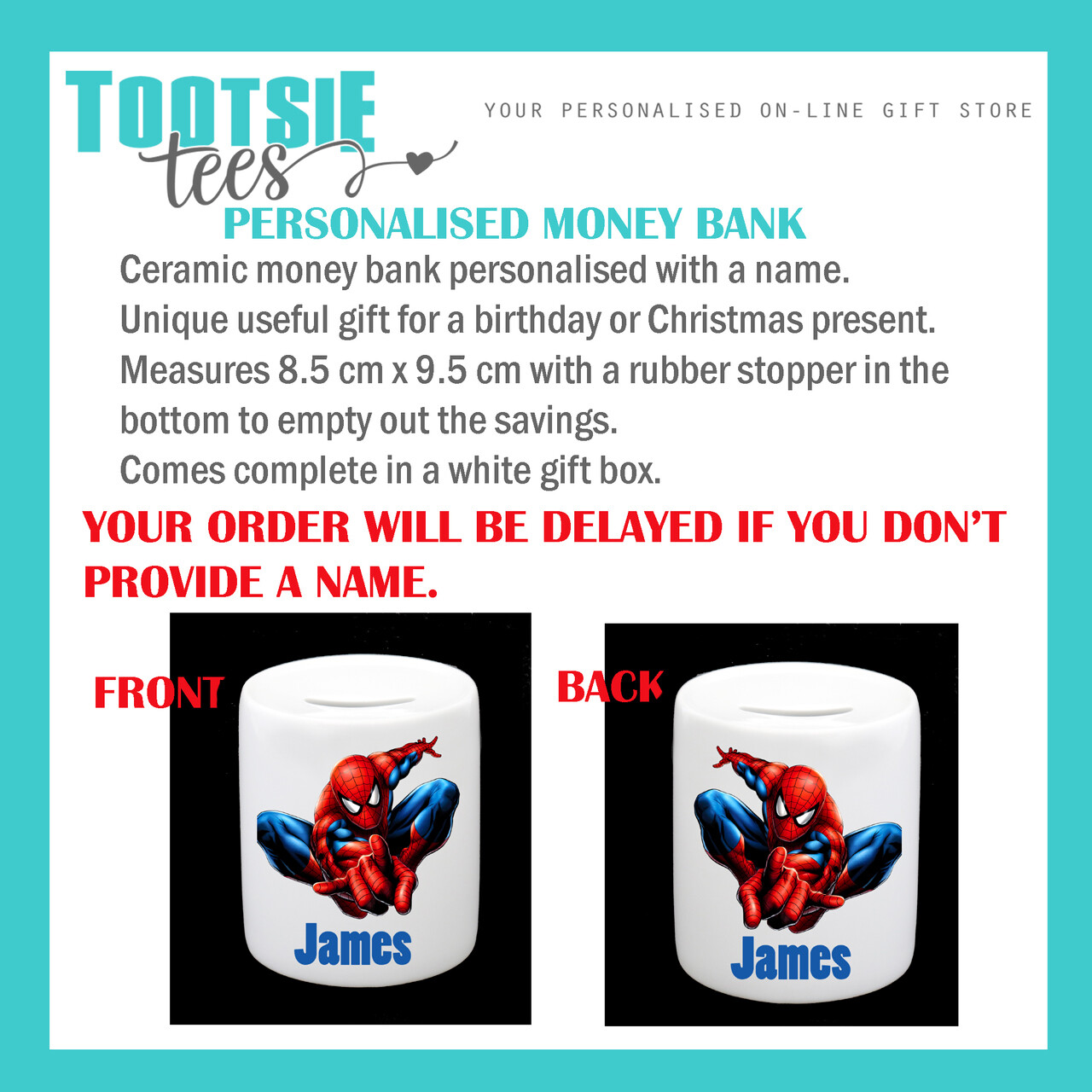 Personalised Name Spider Man Money Box Piggy Bank Boy Birthday ...