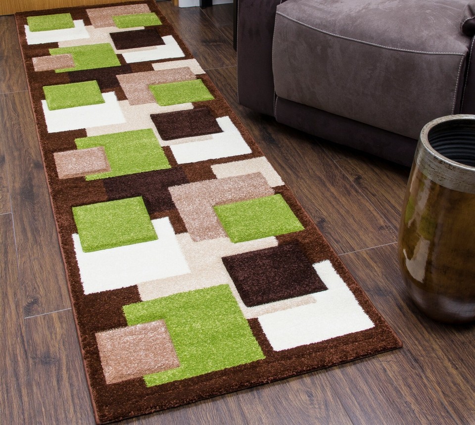 Green Rug Runner Modern Abstract Hand Carved Soft Pile 3D Texture Brown ...